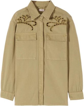 Oltre Femme, Blouses et Chemises, Vert, Taille: 42 FR Chemise en coton avec broderie transparente
