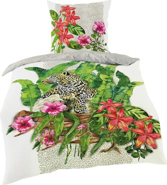 JACK by Bierbaum Mako Satin Bettwäsche 135x200cm 2 TLG. Leopard Blumen Dschungel Digitaldruck