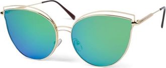 styleBREAKER Lunettes de soleil pour dames avec double monture et verres en polycarbonate, forme dyeux de chat 09020121, couleur:Monture or / verre vert miroir