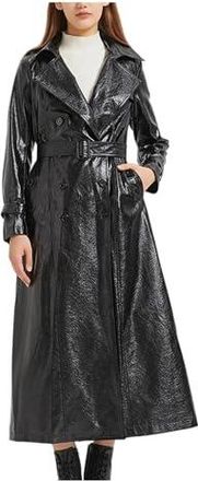 Generic Trench long en cuir synth&eacute;tique pour femme Printemps Automne - Double boutonnage &eacute;l&eacute;gant avec ceinture, Noir, XL
