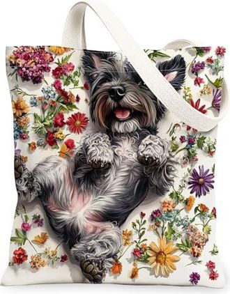 Generic Sac fourre-tout en toile motif schnauzer printanier pour faire du shopping, 33 x 38,1 cm, sac &agrave; bandouli&egrave;re r&eacute;utilisable pour femme, peinture danimaux