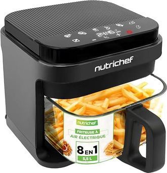 Nutrichef NutriChef Airfryer 5.8L - Bol Transparent, 8 Programmes, Contr&ocirc;le Temp&eacute;rature et Temps - Cuisson Sans Huile pour Viandes et Snacks - Gris