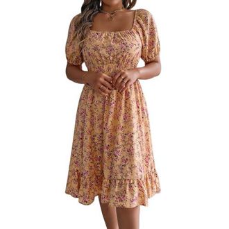 Generic Robe d&eacute;t&eacute; florale boh&egrave;me &agrave; manches courtes bouffantes &agrave; nouer sur le devant pour femme, jaune, XL