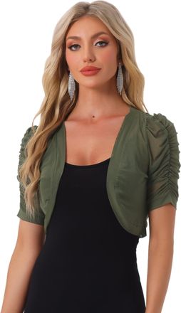 Allegra K Damen Kurz&auml;rm Shrug Mesh Durchsichtige Bolero Netzstoff Offener Strickjacke Armeegr&uuml;n XL