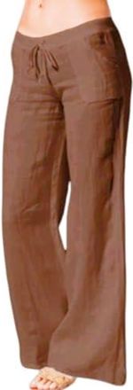 Generic Pantalon palazzo fluide en coton et lin pour femme avec cordon de serrage et taille &eacute;lastique avec poches, caf&eacute;, XL
