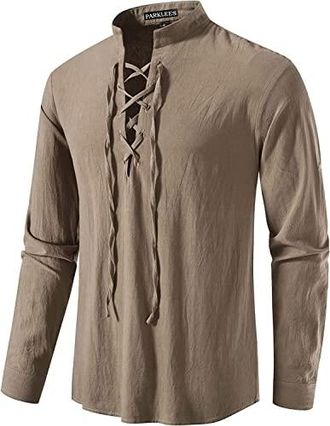 PARKLEES Chemise rétro en coton pour homme - À manches longues - À lacets - Style médiéval - Costume de pirate viking pour Halloween, café, XXL