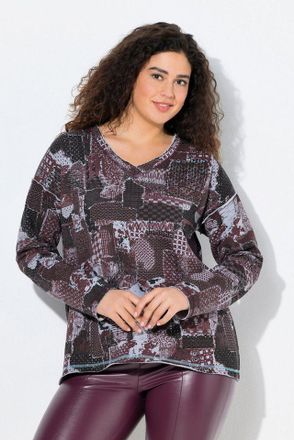 Ulla Popken Sweatshirt Sweatshirt Patchdruck V-Ausschnitt Langarm