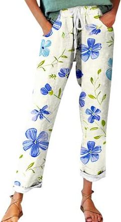 Generic Pantalon &Eacute;t&eacute; Femme en Lin Fluide Large Elegant Womens Autumn Fragrant Linen Print Casual Pants Perfect for Spring Comfortable and Trendy for Jogging L