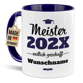 Tassendruck Tasse mit Spruch - Meister - Endlich geschafft - mit Name & Abschlussjahr selbst gestalten - Geschenk zur bestandenen Meisterpr&uuml;fung, Innen & Henkel D