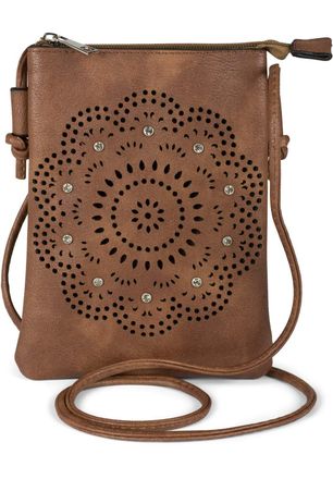 styleBREAKER Damen Mini Umhängetasche mit Blumen Lasercut Cutout Muster und Strass | kleine Crossbody Bag Schultertasche Handytasche 14,5 x 19 cm, Farbe:Schokobrau