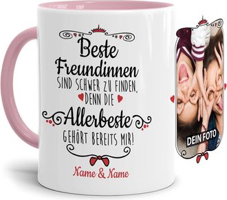 Tassendruck Tasse für beste Freundinnen mit Spruch - Personalisierbar mit eigenen Namen und Foto - Geschenkidee für die Freundin - Innen & Henkel Rosa, 300 ml