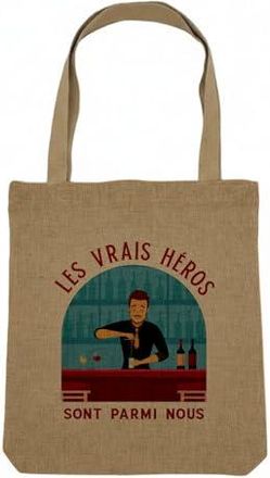 Fabulous Sac Shopping Tote Bag Aspect Lin - Les Vrais H&eacute;ros - Barman M&eacute;tier Bar Sac de Courses Toile Epaisse 360g Beige Naturel Cabas Port&eacute; Epaule Solide Impri