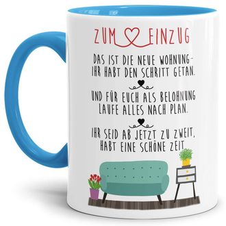 Tassendruck Tasse mit Spruch Zum Einzug in die Neue Wohnung - Innen & Henkel Hellblau/Zuhause/Eigenheim/Geschenk-Idee