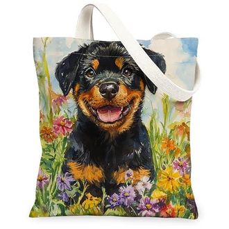 Generic Spring Rottweilers Sac fourre-tout en toile r&eacute;utilisable pour faire du shopping, 33 x 38,1 cm, peinture &agrave; lhuile motif chiot fleurs sauvages, sac d&eacute;pi