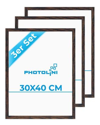 Photolini Bilderrahmen 30x40 Holz MDF Eiche Dunkel, 3er Set Bilderrahmen 40x30 cm, bruchsicheres Acrylglas, Rahmen 30 x 40 zum Aufh&auml;ngen, extra Zubeh&ouml;r - Rahmen