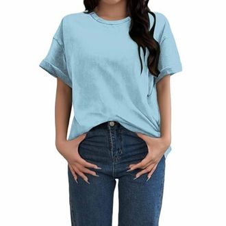 Generic T-shirts en coton pour femmes, hauts en coton pour femmes, hauts d&eacute;contract&eacute;s &agrave; manches courtes en lin, couleur unie, t-shirt basique &agrave; col rond, conf