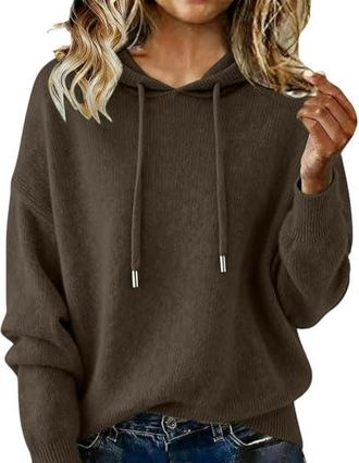 Generic Chandail à capuche confortable à manches longues pour femme, pull à col rond, haut léger pour lautomne et lhiver, capuche avec cordon de serrage, marr
