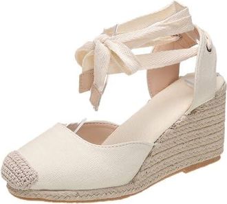 Generic Espadrilles à bout fermé pour femme avec talon compensé et lacets, sangle de cheville, bride arrière, sandales légères, beige, 37 EU
