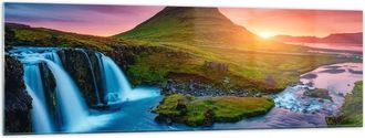 Arttor Panorama Bilder auf Glas 160x50cm Glasbild Sonnenuntergang Wasserfall Island Vulkan Groß XXL Wanddeko Schlafzimmer Küche Wandbilder Dekoration Wohnzim
