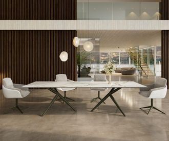 DELIFE Esstisch Edge 300x100 Keramik Calacatta Luxe Wei&szlig;-Gold-Grau Estelar rund Metall Effektfinish Titan, Esstische