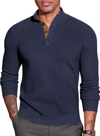 Coofandy Herren Pullover Half Neck Stehkragen Retro Strickpullover mit 1/16 Kn&ouml;pfe Wildleder Pulli Winterpullover Sweater Blauviolett XXL