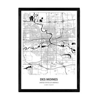 Nacnic Poster mit Karte von Der Mondes - USA. Bl&auml;tter von US-St&auml;dte mit Meeren und Fl&uuml;ssen in schwarz und wei&szlig;. A3