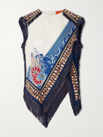 La DoubleJ Asymmetrisches Oberteil Aus Bedrucktem Seiden-twill Mit Fransen - Elfenbein