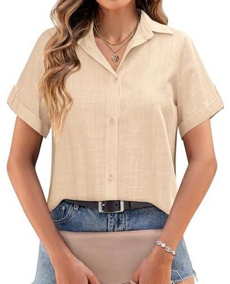 Zeagoo Chemisier d&eacute;t&eacute; pour femme - Manches courtes - &Eacute;l&eacute;gant - Col en V - 100 % coton - Tunique d&eacute;contract&eacute;e, champagne, M