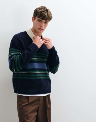Abercrombie & Fitch pull polo de rugby en maille ray&eacute; bleu et vert-Multi