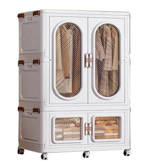 Generic Wardrobe Faltbarer Kleiderschrank Klein Kunststoffschrank Aus PP-Plattenmaterial Transparentes Doppeltür-Design Lenkrollen Mit Bremsen for Schlafzimme