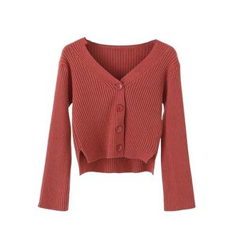 Generic Cardigan court &agrave; col en V pour femme - Style d&eacute;contract&eacute; - Manches longues - En tricot simple, rouge brique, Taille Unique