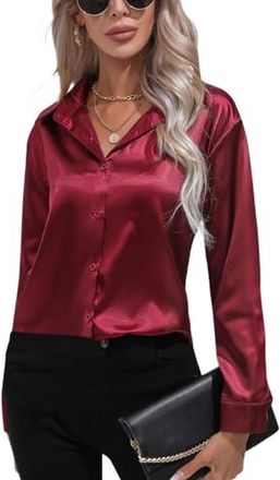 Minetom Chemisier Femme Elégant Col en V Manches Longues Blouse avec Boutons Satin Chemise Travail Bureau Tunique Shirt Haut Top A Vin Rouge M