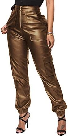 TOMWELL Femmes Legging Simili Cuir avec Poches Skinny Stretch Slim Pantalon Marron S