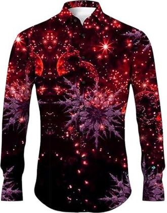 Generic Chemises de Noël amusantes pour homme - Flocons de neige - Imprimé numérique en 3D - Décontracté - Revers boutonné - Manches longues - T-shirt de Noël