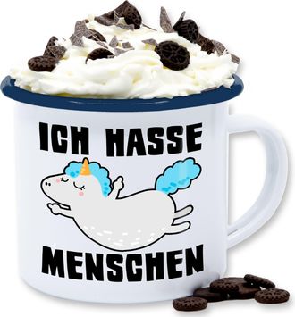 Shirtracer Emaille Tasse Blechtasse - Statement - Ich hasse Menschen mit Einhorn - 300 ml - Weiß Blau - statements tassen frohes neues jahr new year