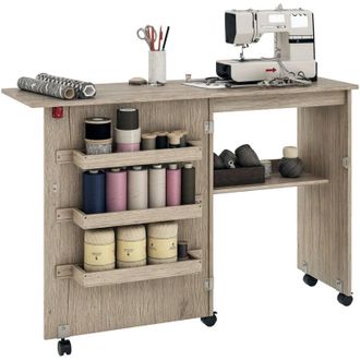 HOMCOM Table de couture pliante - HOMCOM - à abattant - bacs de rangement, étagère ouverte et roulettes - 117x40x77,5cm - effet bois grisé