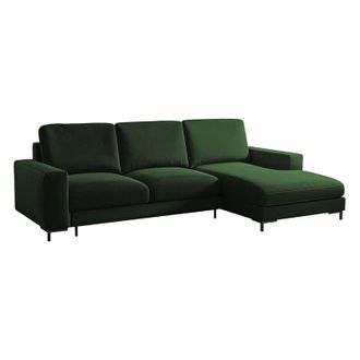 Selsey Selsey MOKPEO - Ecksofa mit Schlaffunktion, Bettkasten und schwarzen F&uuml;&szlig;en, 244 cm breit (Veloursbezug Flaschengr&uuml;n, Ottomane rechts)