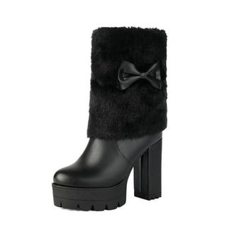 Generic Bottes Dhiver Doubl&eacute;es Pour Femmes En Cuir PU, Bottes Fourr&eacute;es Tendance Avec Noeud Et Talon Bloc Haut, Bottes De Neige Mi-Mollet Chaudes &Agrave; Plateforme 