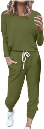 Generic Ensemble de tenue d&eacute;contract&eacute;e pour femme, t-shirt ras du cou &agrave; manches longues et pantalon long en patchwork de couleurs (Green, XXXXL)