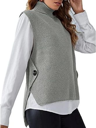 ORANDESIGNE Pull Sans Manche Femme Gilet en Tricot à Col Roulé Chaud Géométrique Scolaire Classique Veste Mignon Chandail en Coton Tank Top Crop Sweater F Gris, S