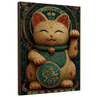 Generic Leinwand-Kunst, Gl&uuml;ckskatze mit Gl&uuml;ckskatze in Blaugr&uuml;n, Gold, asiatische Heimdekoration f&uuml;r Wohnzimmer, Schlafzimmer, B&uuml;ro, Gl&uuml;cksbringer, 40,6 x 50,