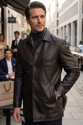 Infinity Leather Herren schwarze Lederjacke mit langem Kragen - Wappen
