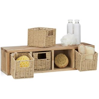 Relaxdays Relaxdays - 3x Etageres cube rangement, 12 paniers amovibles, corbeille bois noyer couloir chambre cuisine montage mural, nature