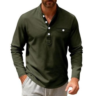 Generic Chemise &agrave; manches longues pour homme avec poche Henley - Col montant - Chemise boutonn&eacute;e d&eacute;contract&eacute;e et respirante - T-shirt de travail uni - Coupe r