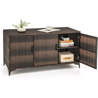 Costway Costway - Coffre de Rangement en R&eacute;sine Tress&eacute;e pour Patio 318 l, Bo&icirc;te de Rangement avec 3 Portes &Eacute;tag&egrave;res Amovibles Grand Bac &Eacute;tanche pour Coussins