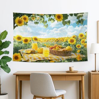 Generic Sonnenblumen-Picknick-Wandteppich, leuchtender floraler Sommer-Wandbehang, fr&ouml;hliche Wandteppiche f&uuml;r Wohnzimmer, Schlafzimmer, Schlafsaal-Dekoration,