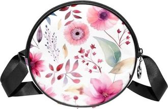 Generic Petit sac &agrave; bandouli&egrave;re circulaire pour femme, motif feuilles florales, sac &agrave; dos avec fermeture &eacute;clair, bretelles r&eacute;glables, sac &agrave; main rond d&eacute;contra