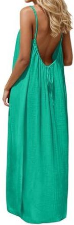 Generic Robe caraco dos nu pour femme, robe d&eacute;t&eacute; longue avec noeud dans le dos, robe d&eacute;t&eacute; ample et fluide sans manches, v&ecirc;tements de vacances &agrave; la plage, cyan