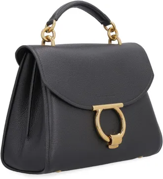 Ferragamo Womens Gancini Pebbled Leather Handbag Black Calfskin Handbags Hand Bags