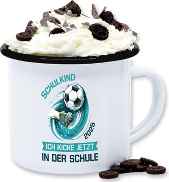 Shirtracer Emaille Tasse Blechtasse - Schulanfang - Fußball | Schulkind 2025 | Ich kicke jetzt in der Schule | Einschulung Geschenk Junge - 300 ml - Weiß Schwarz